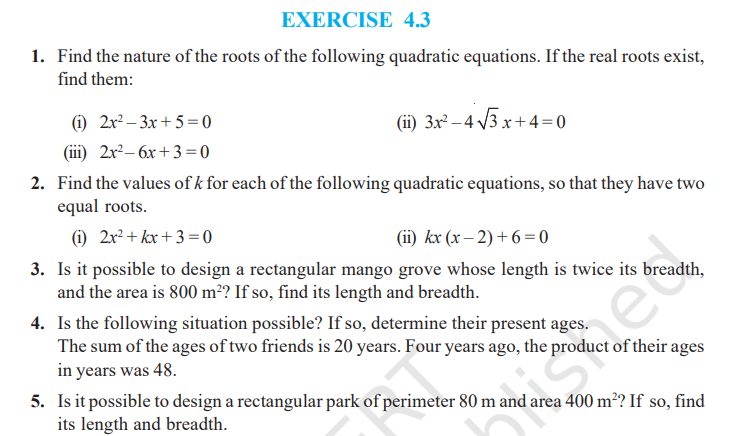 Rbse Solutions for Class 10 Maths Chapter 4 Exercise 4.3 | Discriminant ...